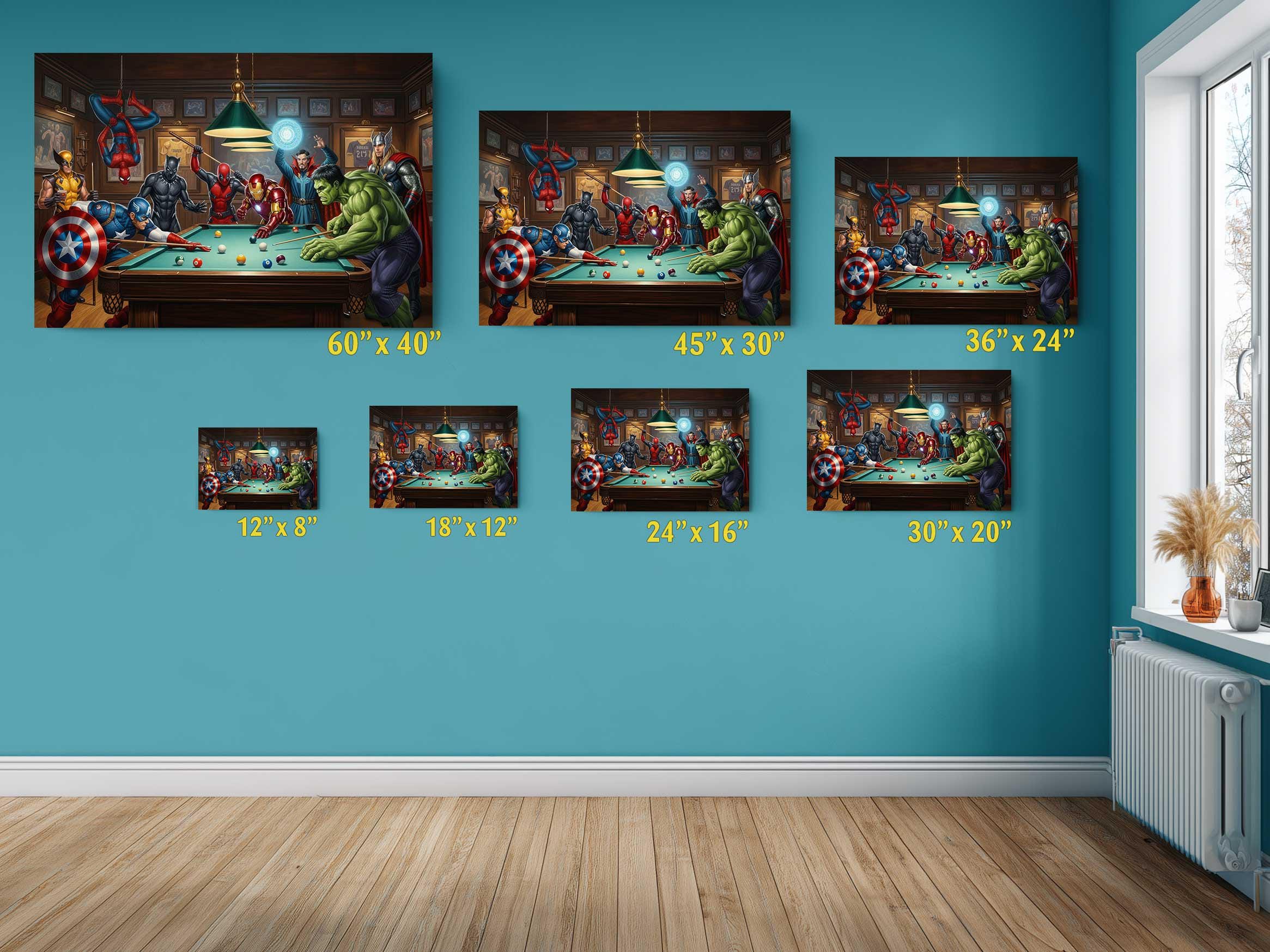 Superhero Billiards Match Canvas, Comic Heroes Game Night Wall Art ...