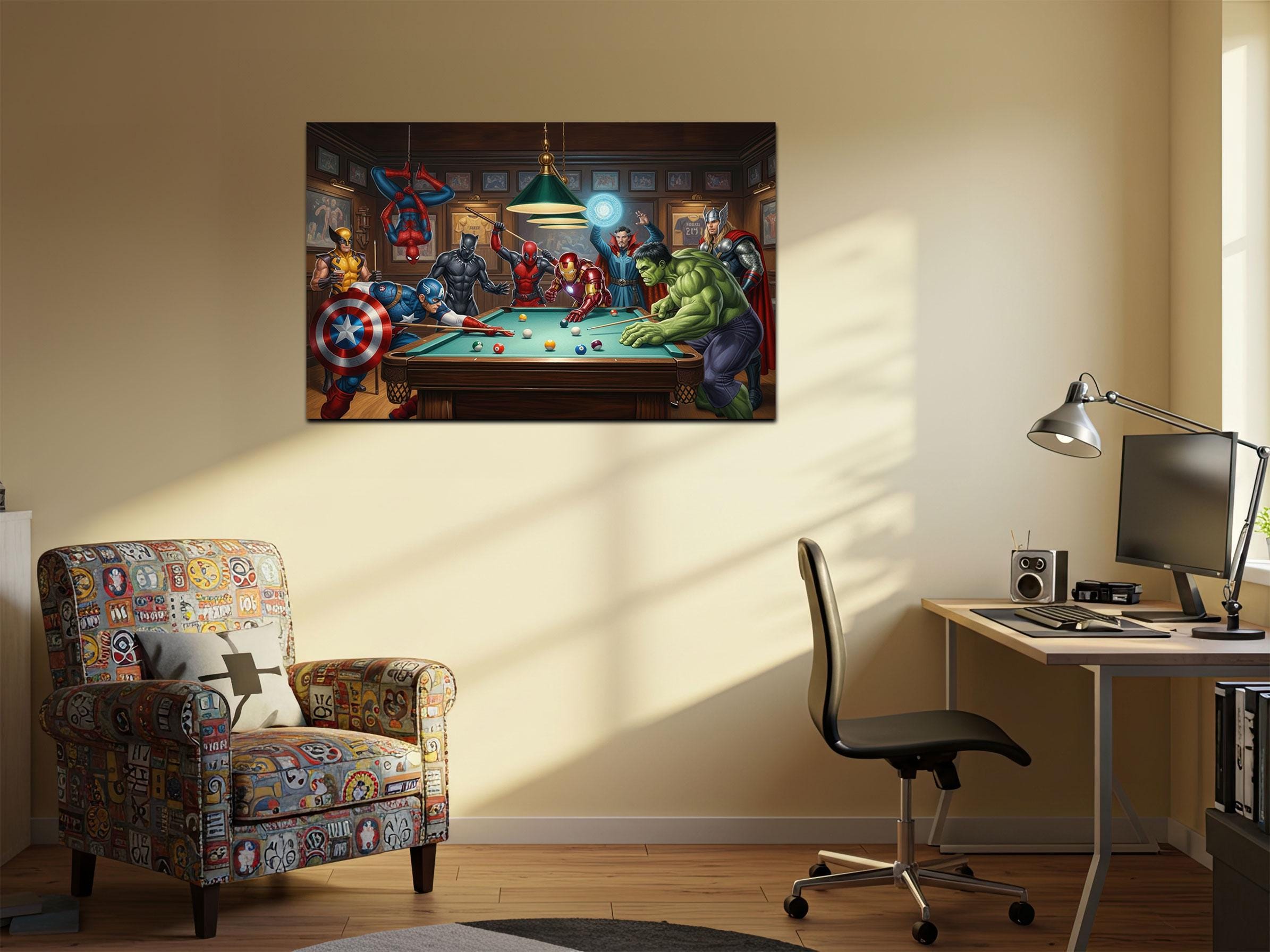Superhero Billiards Match Canvas, Comic Heroes Game Night Wall Art ...
