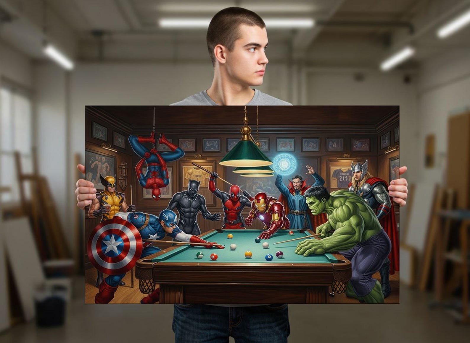 Superhero Billiards Match Canvas, Comic Heroes Game Night Wall Art ...