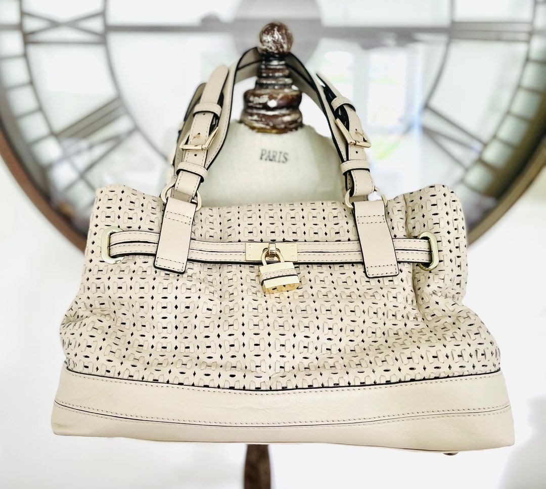 REISS Grey-beige Leather Laser Cut Handbag With Gold Hardware ...