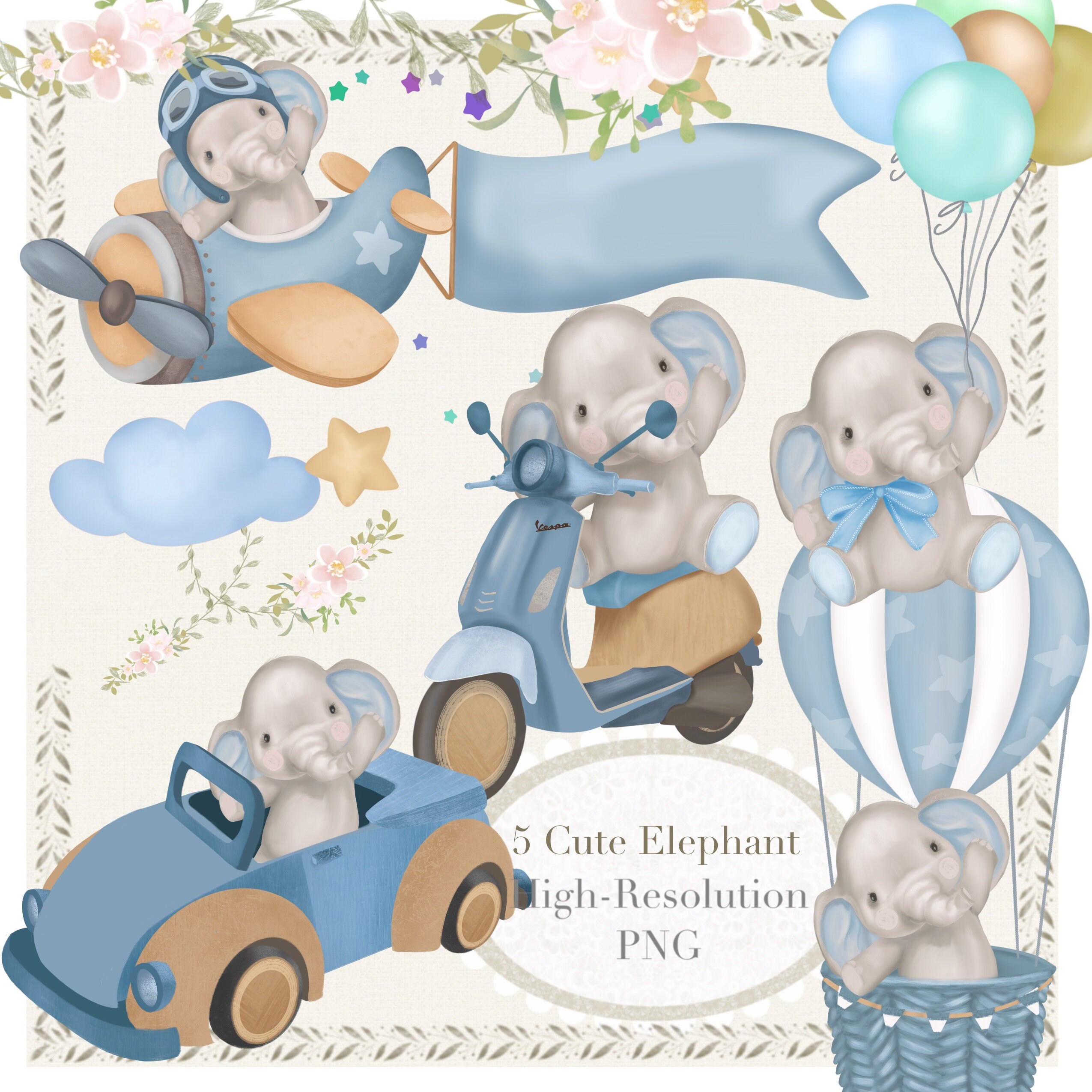 Baby Elephant Clipart, Blue Watercolor Elephant Png,kids Clipart ...