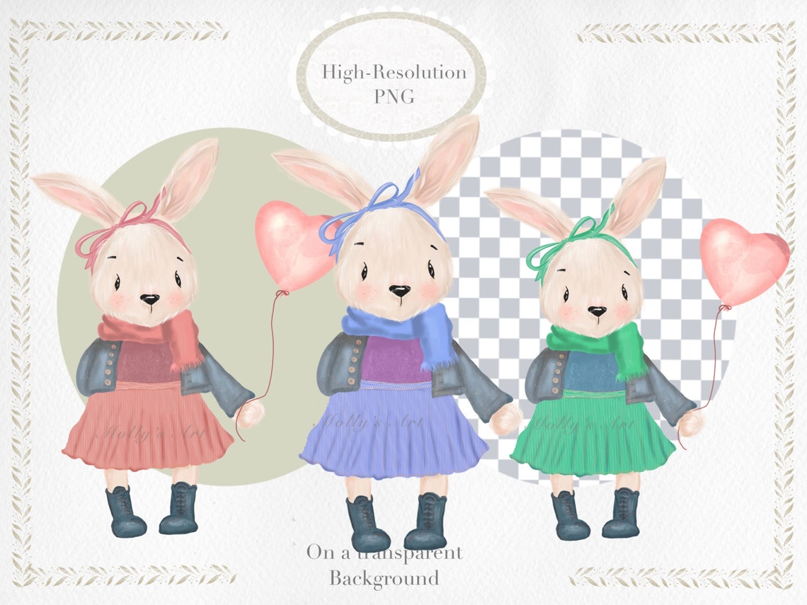 Cute Bunny Clipart Instant Download, Cute Bunny Girl PNG Nursery Art ...