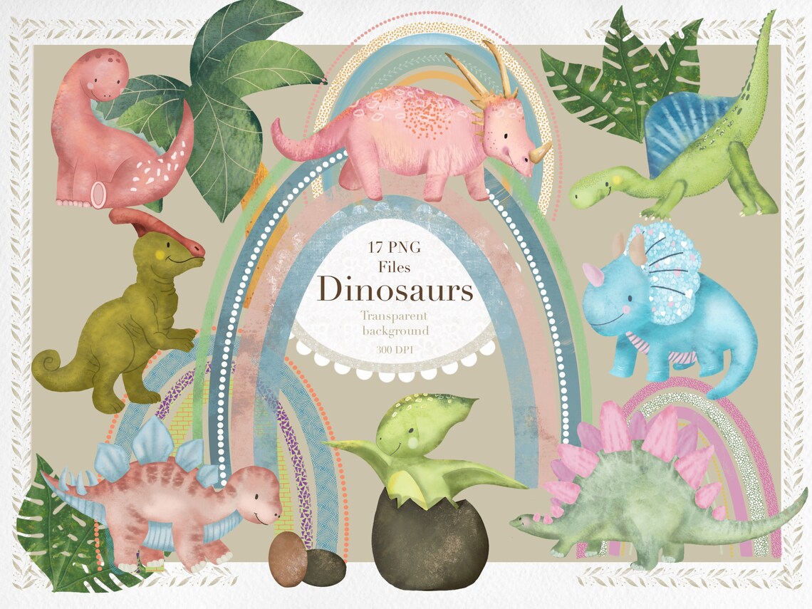 Dinosaurs Rainbow Watercolor Clipart,instant Download Dino Clip Art ...