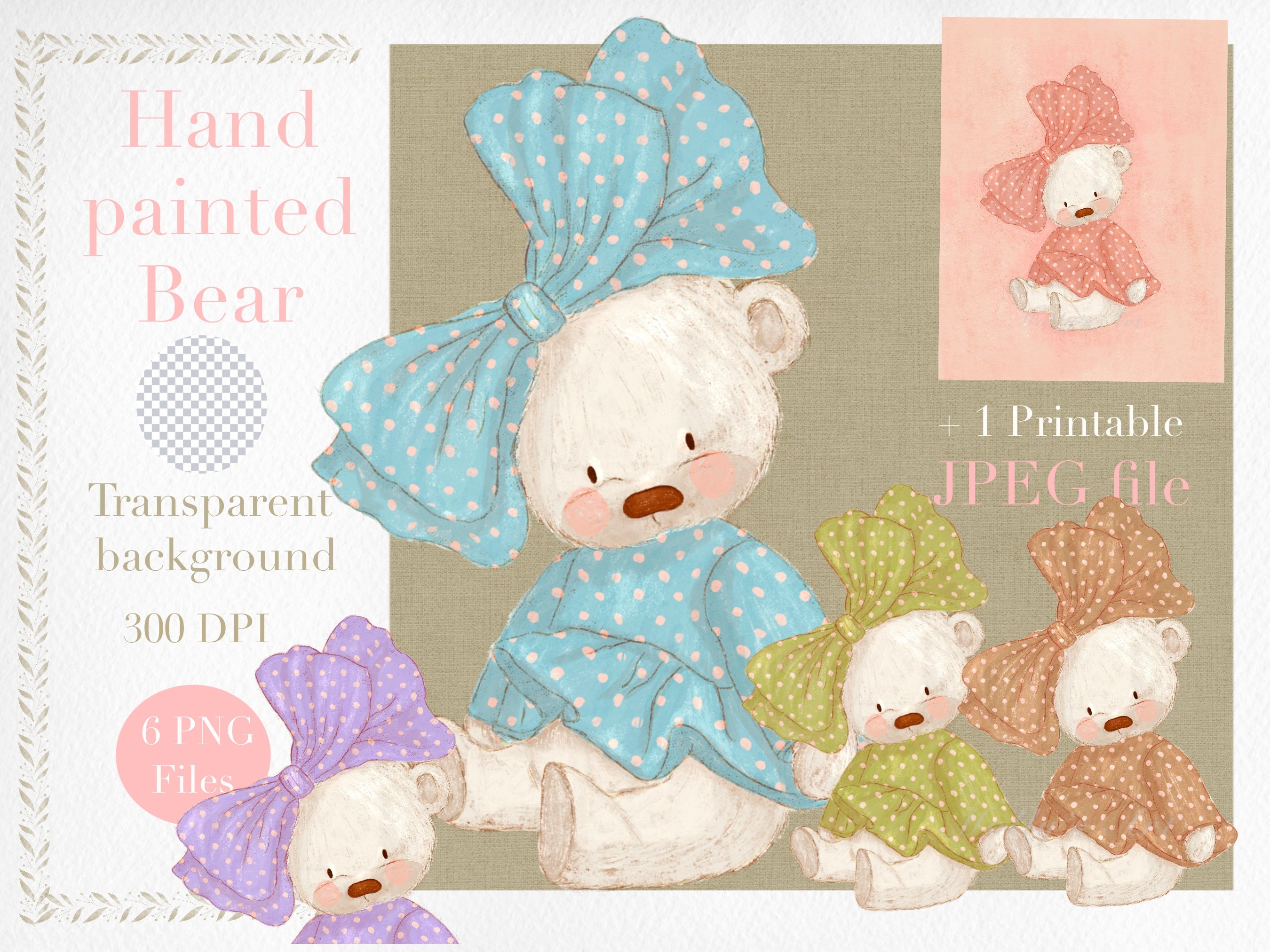 Hand Painted Bear Girl,instant Download, Nursery Art, Baby Bear Clipart ...