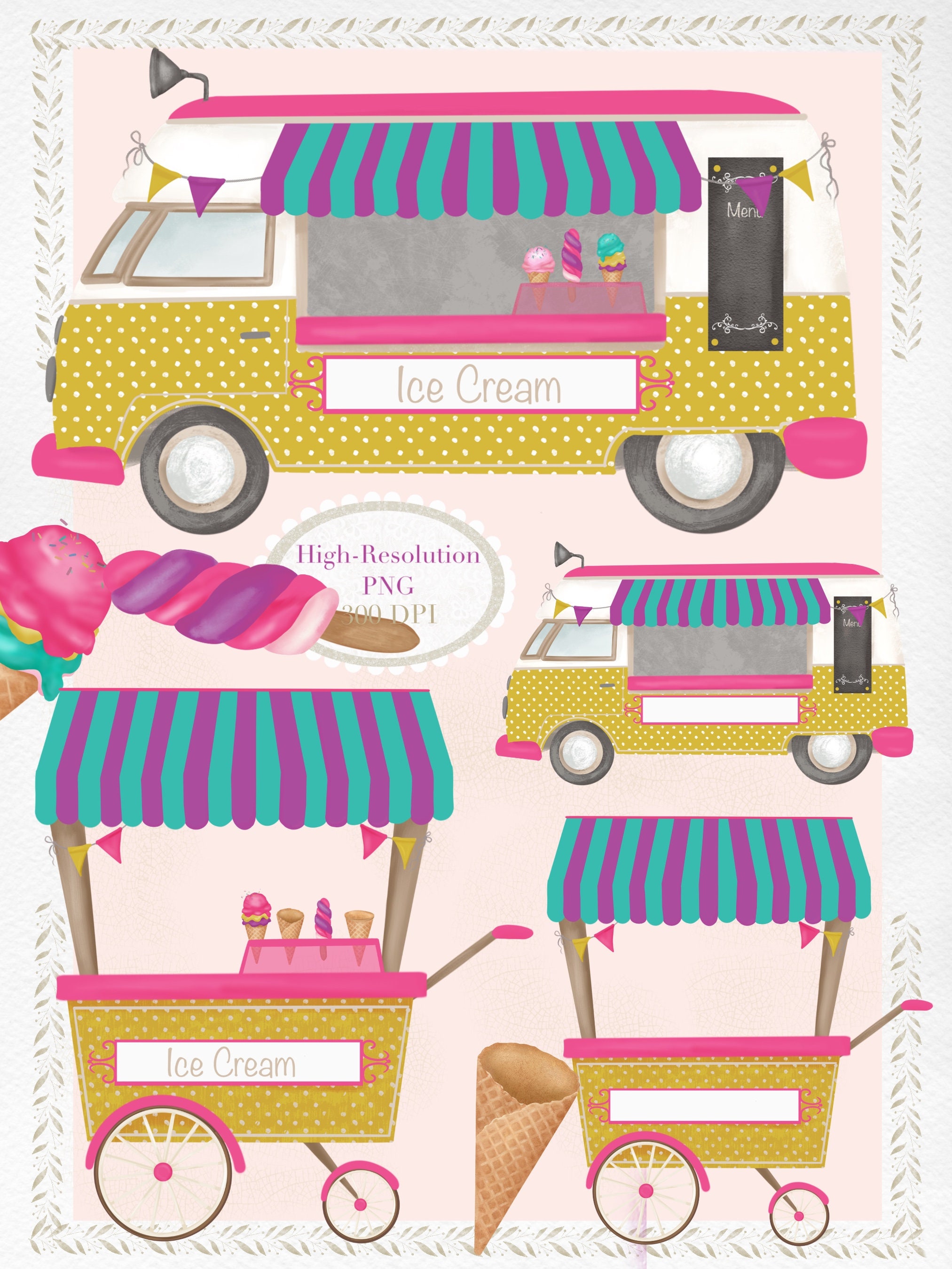 Ice Cream Clipart, Watercolor Ice Cream, Ice Cream Clipart, Retro Ice ...