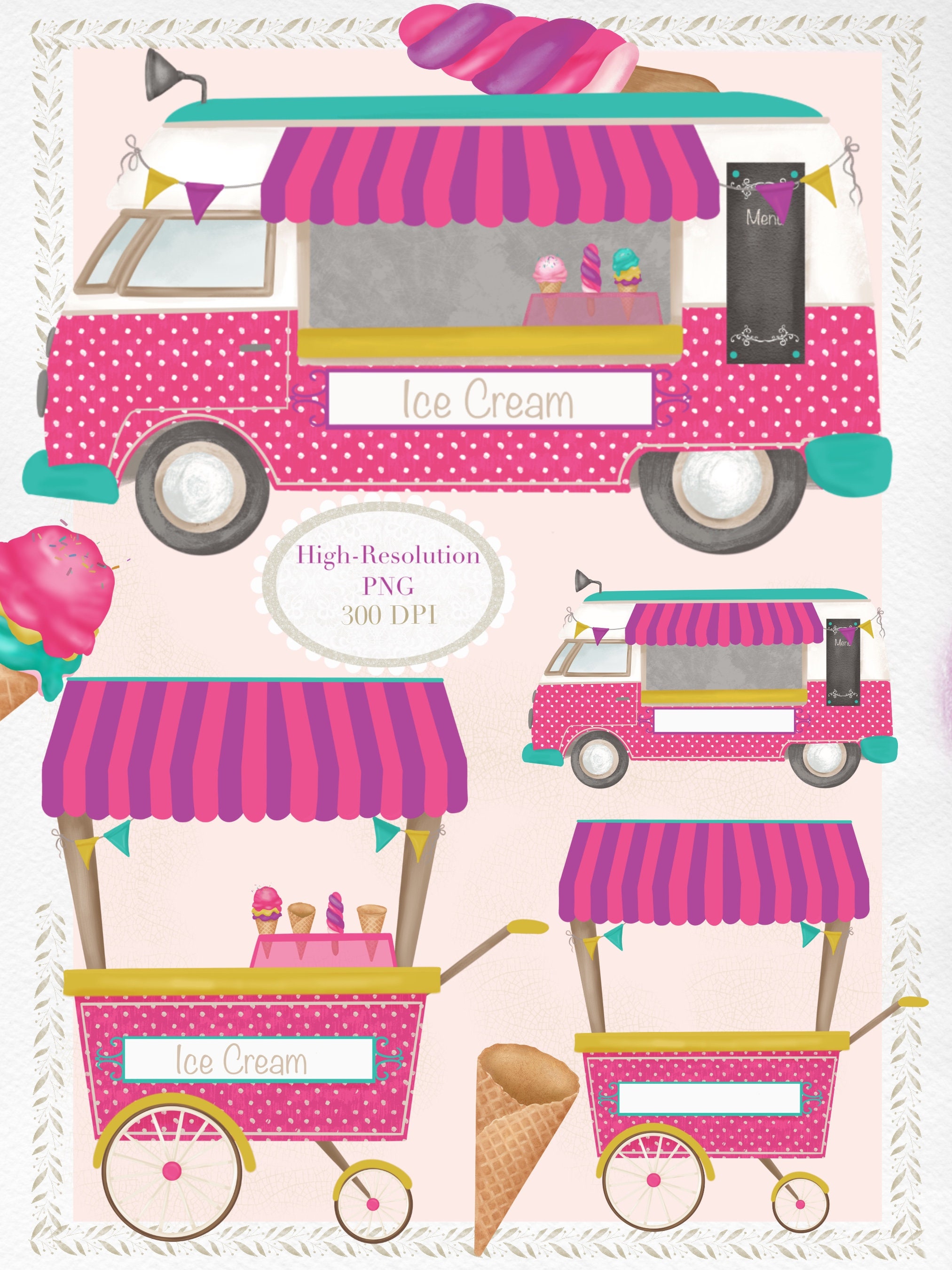 Ice Cream Clipart, Watercolor Ice Cream, Ice Cream Clipart, Retro Ice ...