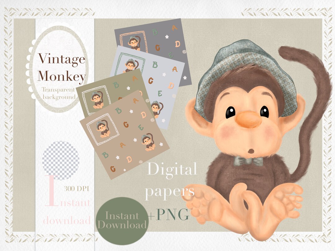 Cute Monkey Pattern for Kids, Monkey Digital Paper, African Animal ...