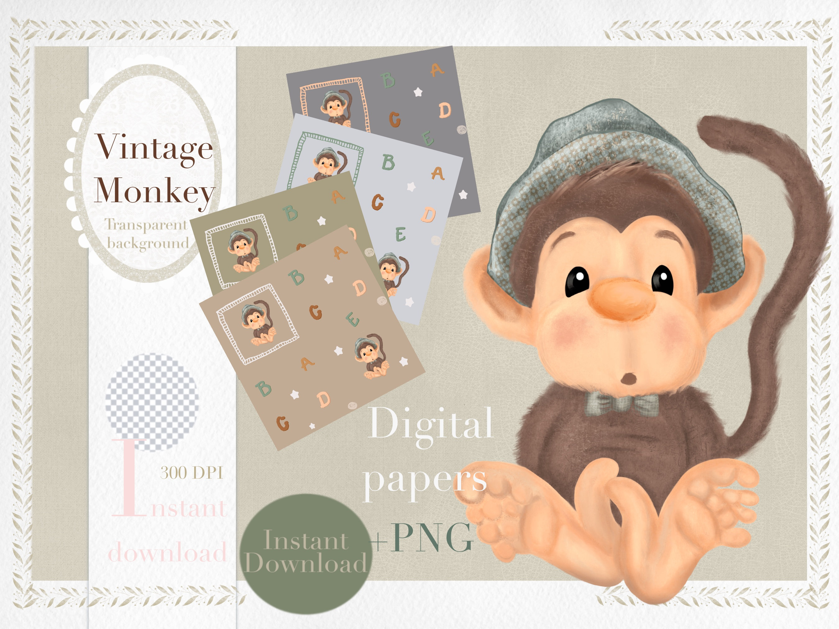 Cute Monkey Pattern for Kids, Monkey Digital Paper, African Animal ...
