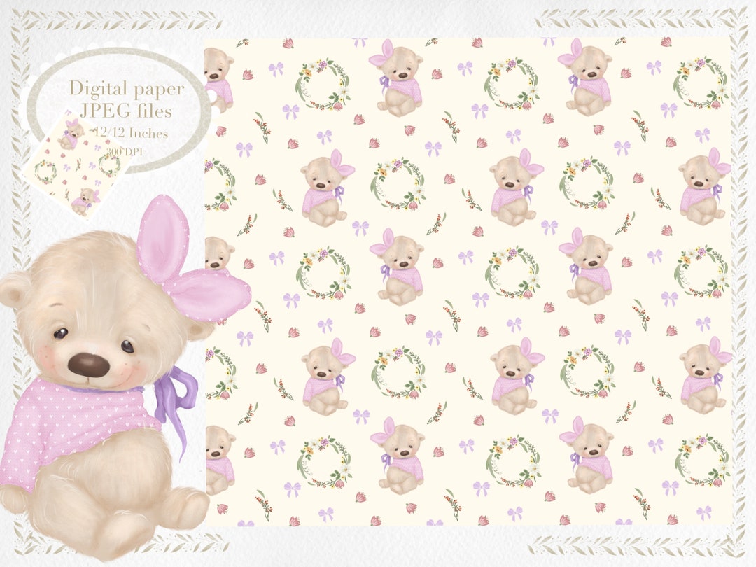 Pink Teddy Bear Digital Paper, Watercolor Teddy Bear Seamless, Nursery ...
