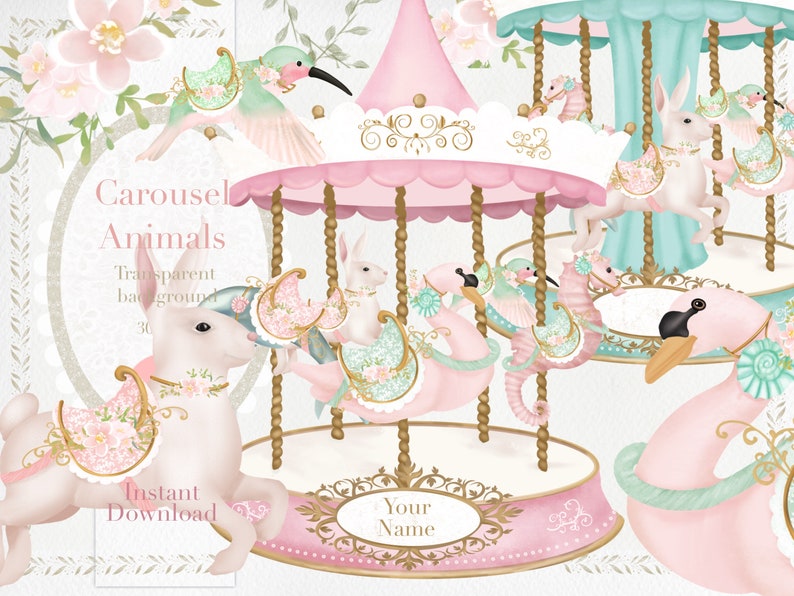 Carousel Watercolor Clipart, Carousel Animals , Carousel Nursery Art ...