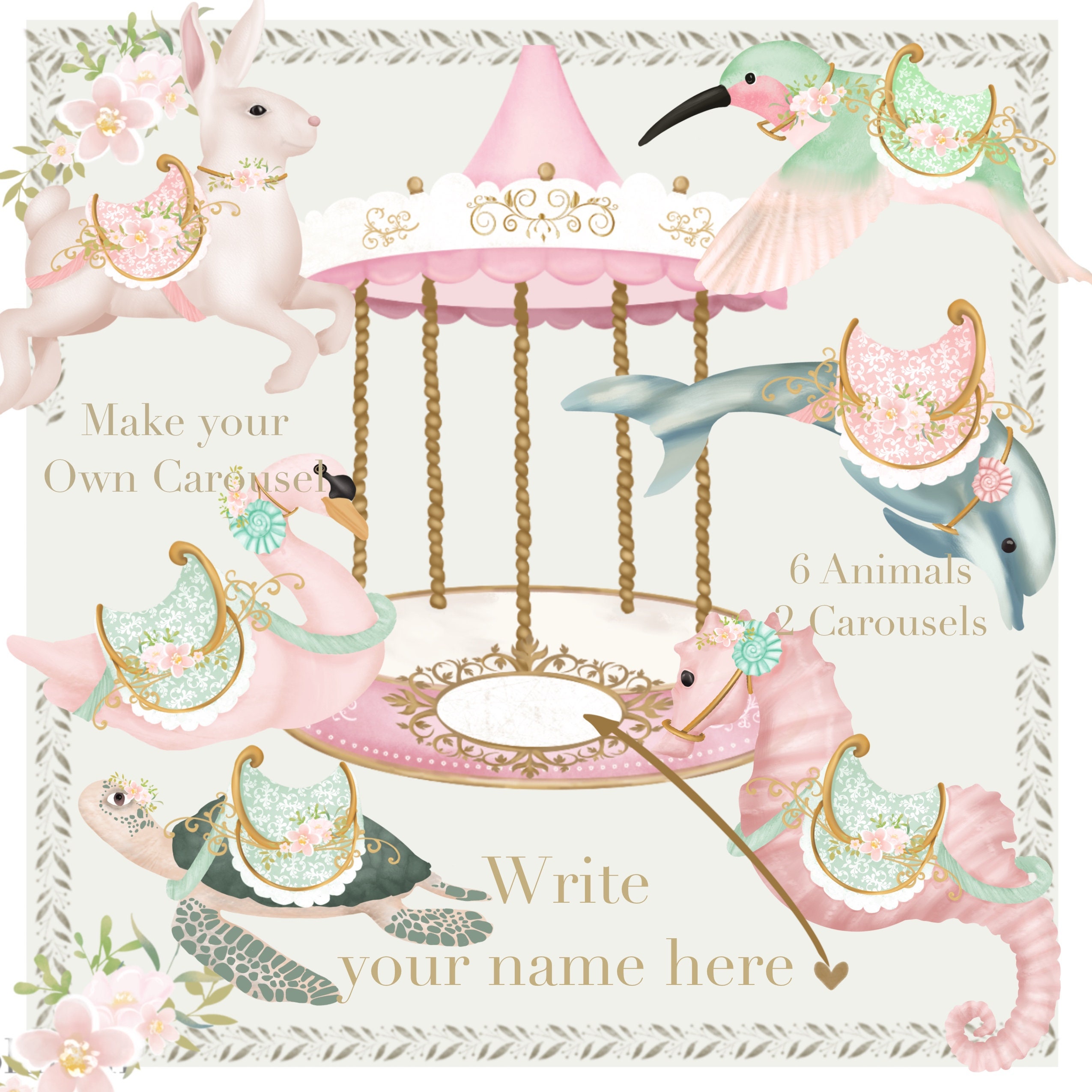 Carousel Watercolor Clipart, Carousel Animals , Carousel Nursery Art ...