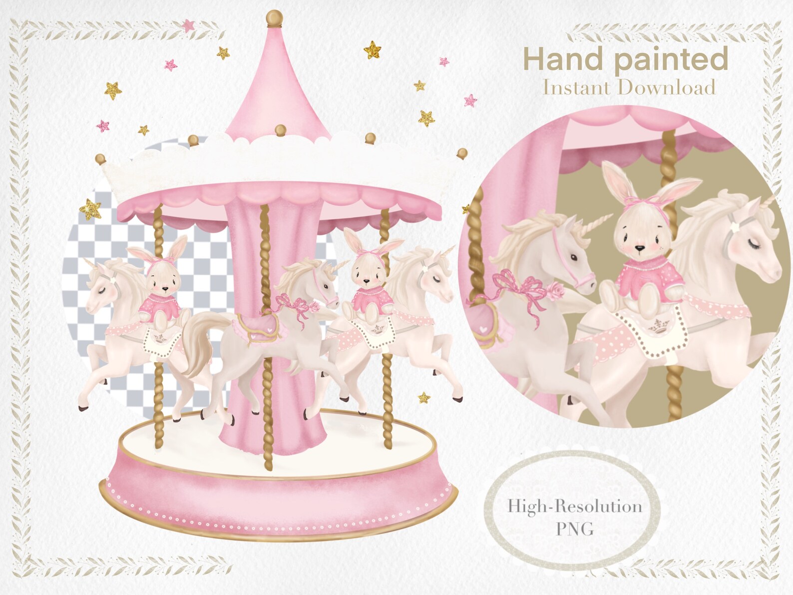 Carousel Bunny Pink Watercolour Clipart, Carousel Horse, Carousel ...