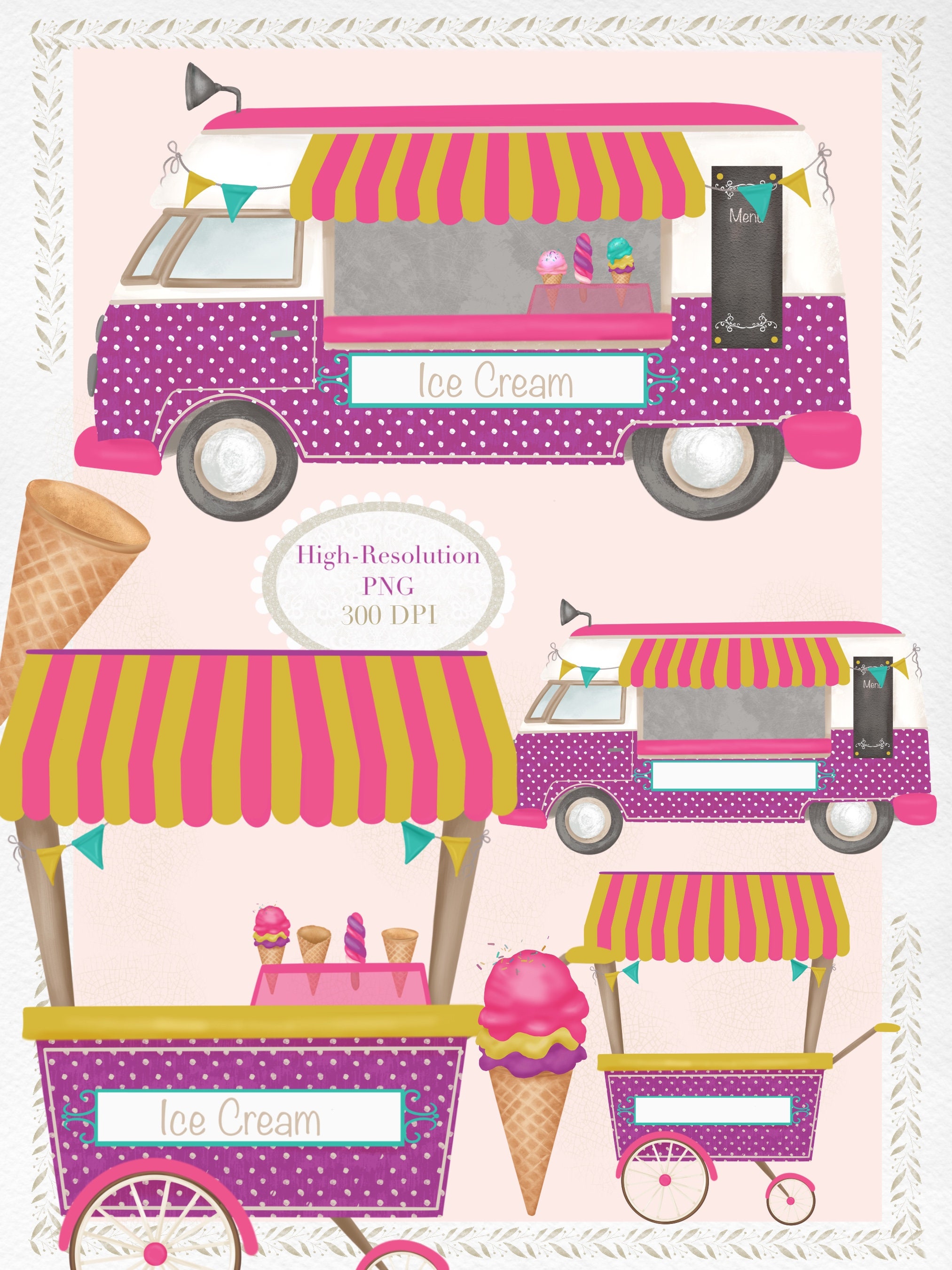 Ice Cream Clipart, Watercolor Ice Cream, Ice Cream Clipart, Retro Ice ...