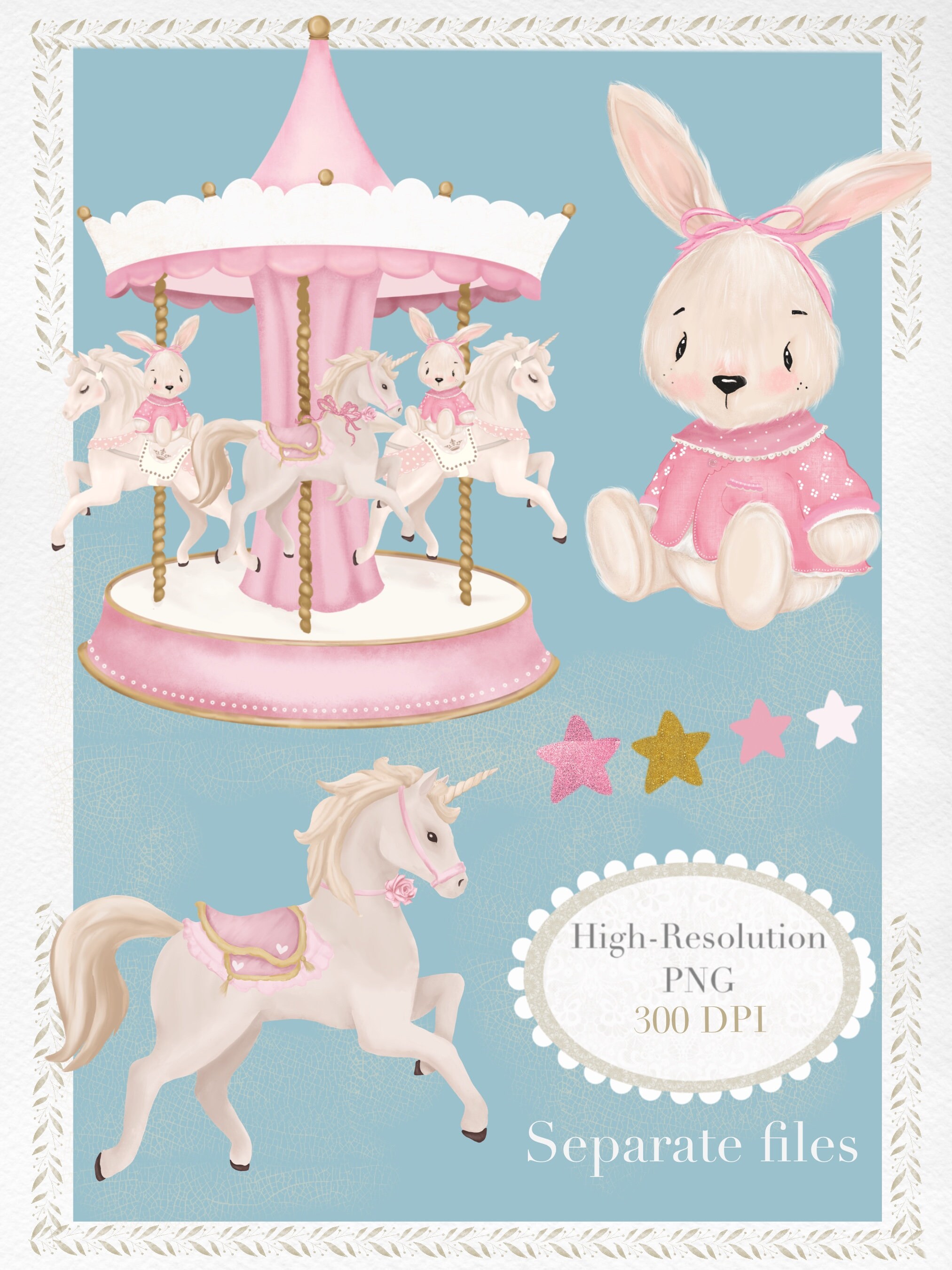 Carousel Bunny Pink Watercolour Clipart, Carousel Horse, Carousel ...