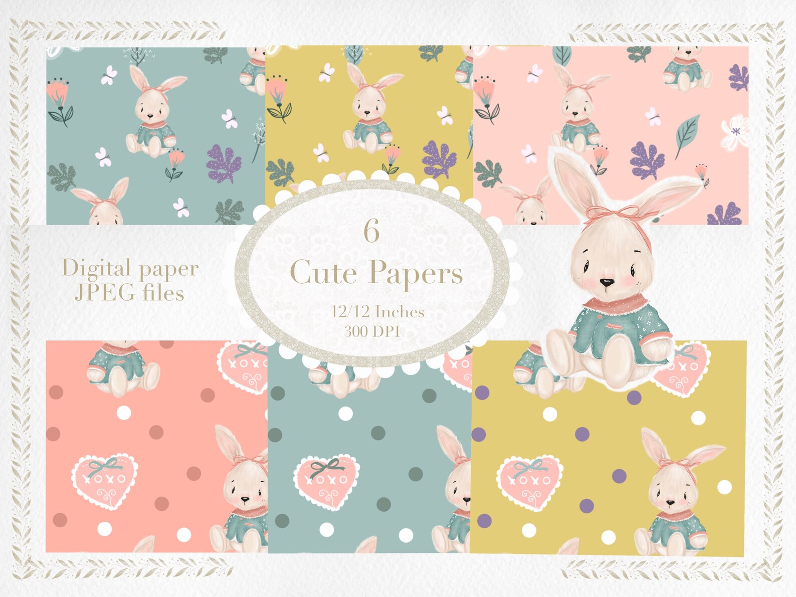 Bunny Rabbit Pattern , Vintage Bunny Paper,girl Bunny Clipart, Bunny ...