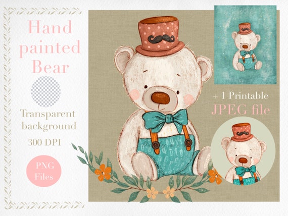 Hand Painted Bear Clipart instant Download PNG Hand Drawn | Etsy