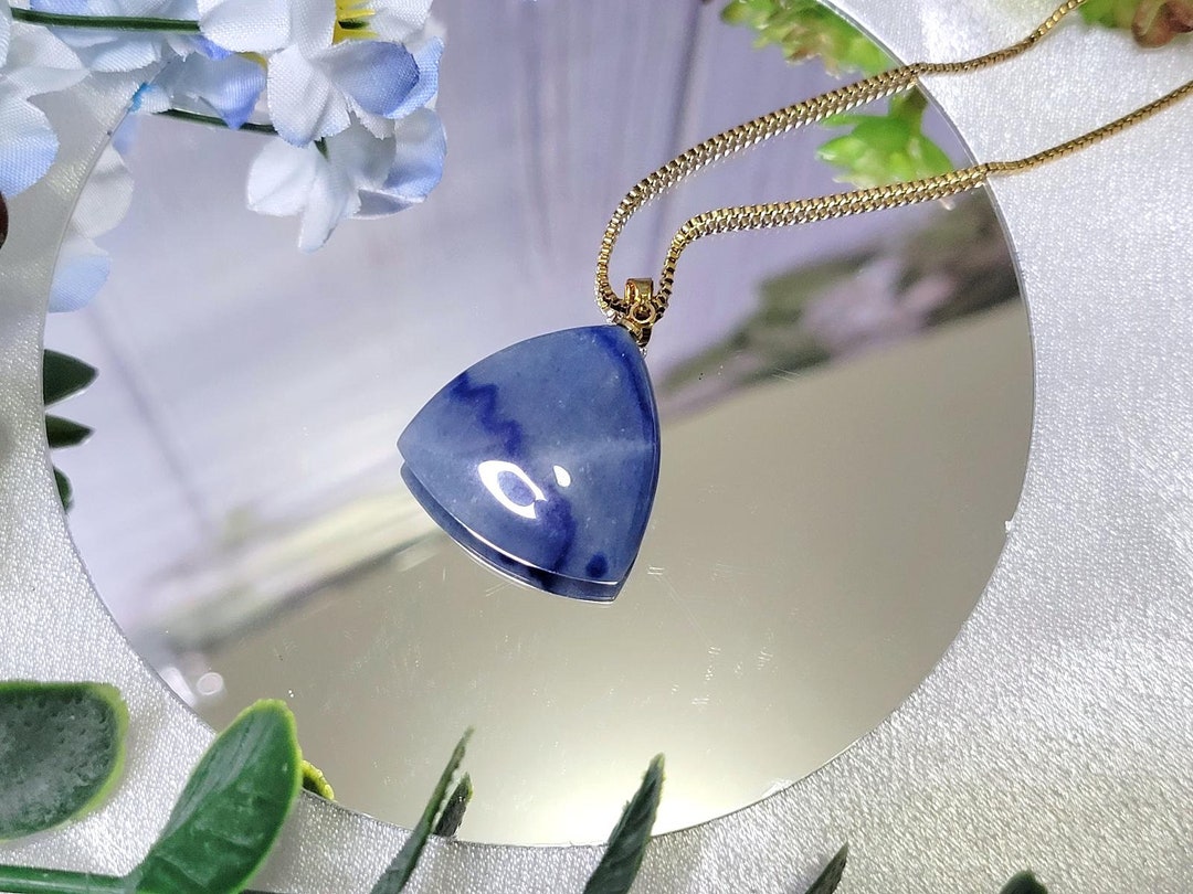 Blue Veined Blue Aventurine Crystal Necklace W/ Gold Coated Stainless ...