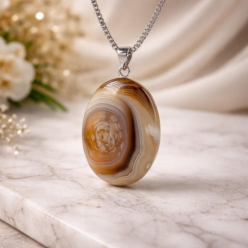 Banded Botswana Agate Necklace: Rose Petal Oval Pendant, Sterling ...