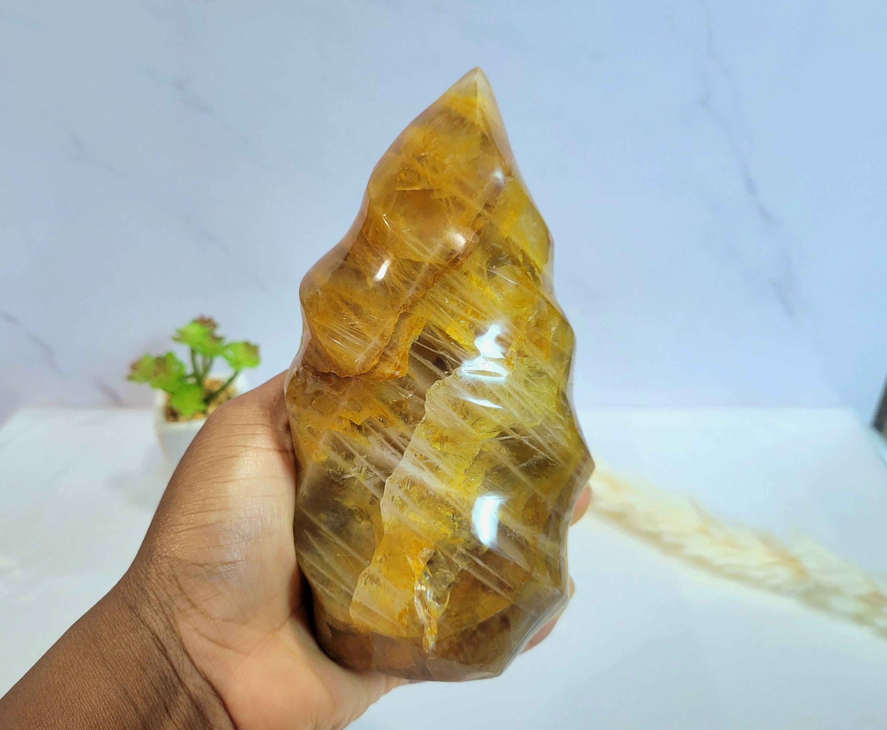 Large Golden Healer Crystal Flame/golden Healer Flame Carving/spiral ...