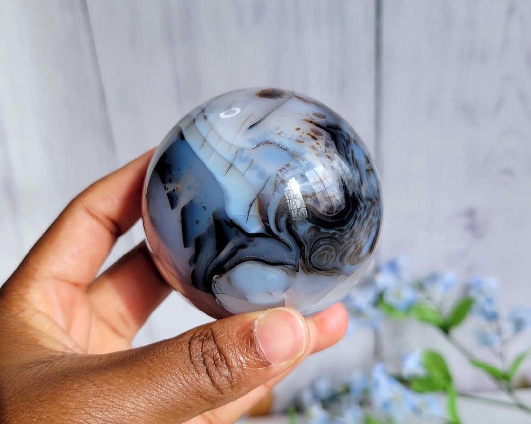 Natural Blue Agate Sphere Crystal/ Blue Agate Dendritic Stone/ Crystal ...