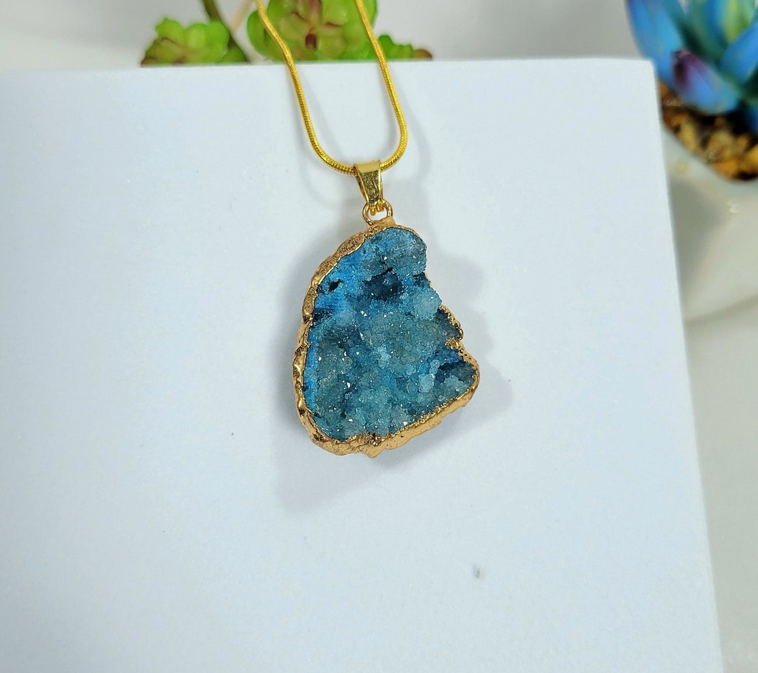Blue Agate Cluster Pendant Necklace/ Agate Cluster Pendant W/ Stainless ...