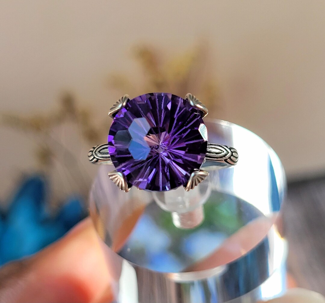 Amethyst Firework Cut Ring: Leaf Vein Sterling Silver, Adjustable S925 ...