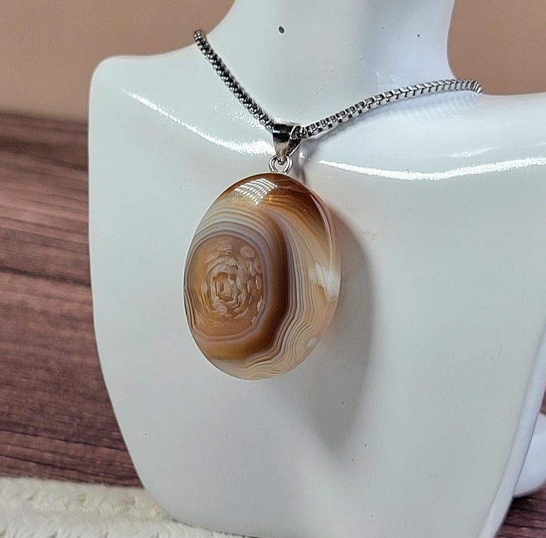 Banded Botswana Agate Necklace: Rose Petal Oval Pendant, Sterling ...