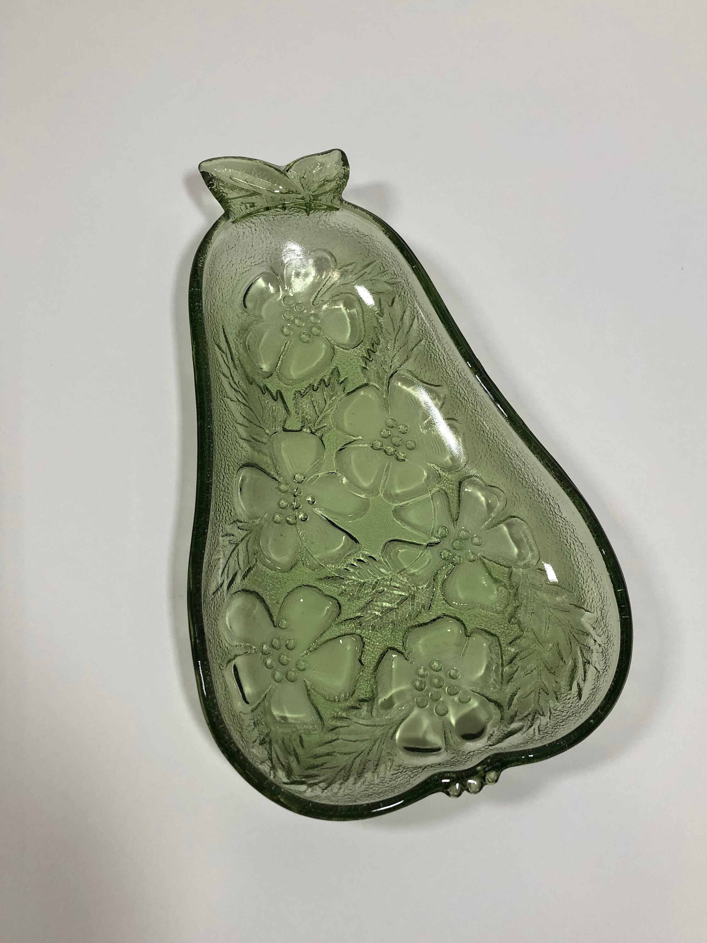 Vintage Hazel Atlas Green Glass Pear Dish With Embossed Floral Dogwood ...