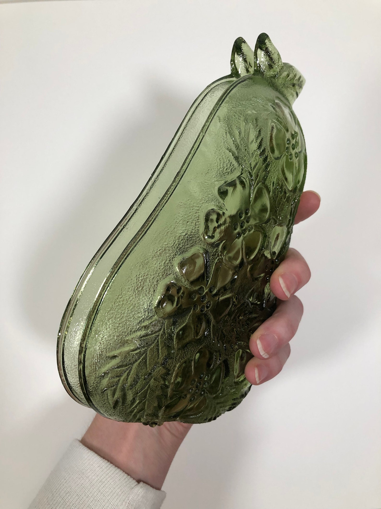 Vintage Hazel Atlas Green Glass Pear Dish With Embossed Floral Dogwood ...