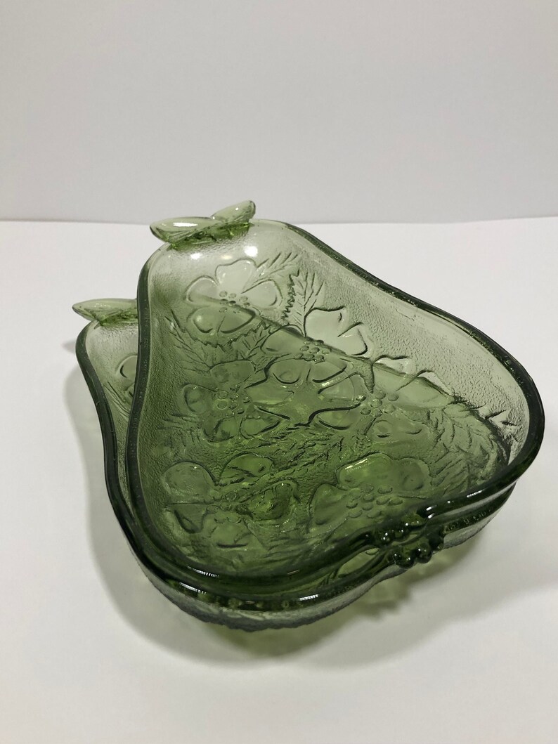 Vintage Hazel Atlas Green Glass Pear Dish With Embossed Floral Dogwood ...
