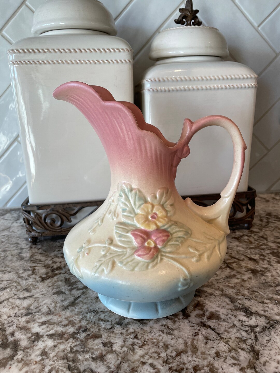 HULL Ewer Wildflowers Pink and Blue, Vintage HULL Pitcher With Yellow ...