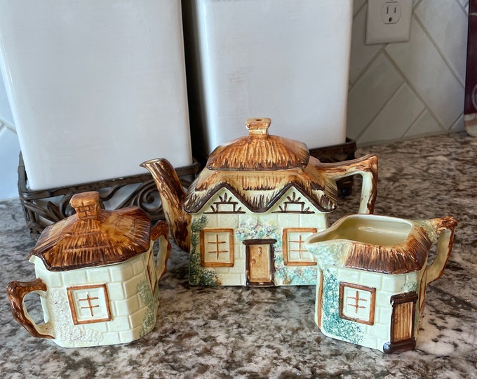 Vintage Keele St Pottery Teapot Sugar and Creamer Set England, Thatched ...