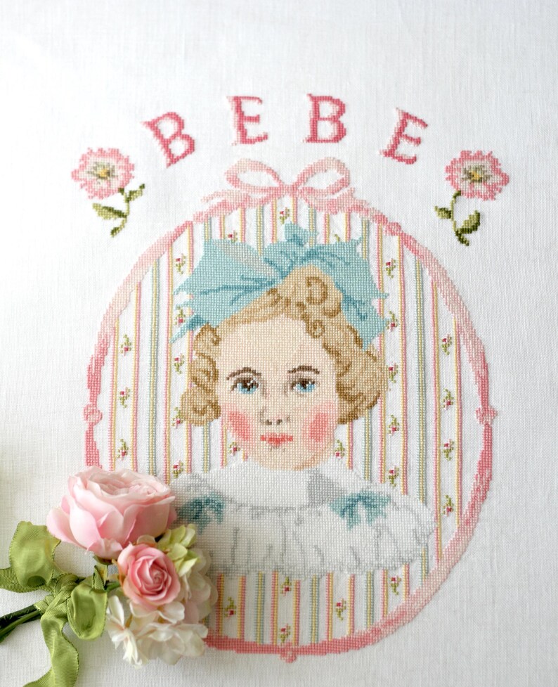 Cross Stitch Pattern PDF - Romantic Nursery & Floral Design - Pastel Baby Colors, Ribbons and ...
