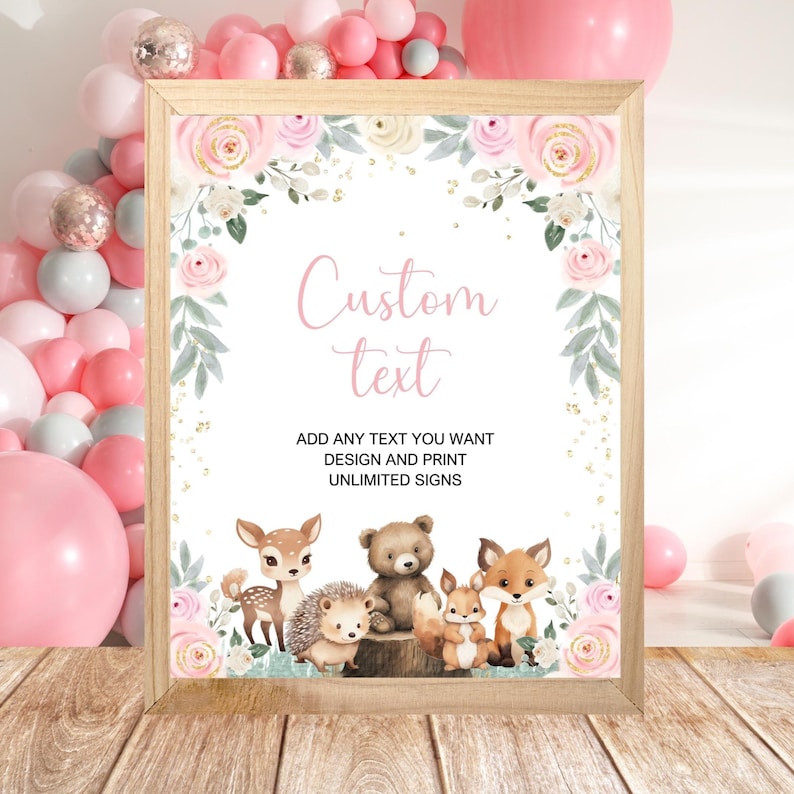 Editable Woodland Custom Table Sign-pink Woodland Animal Birthday Party ...