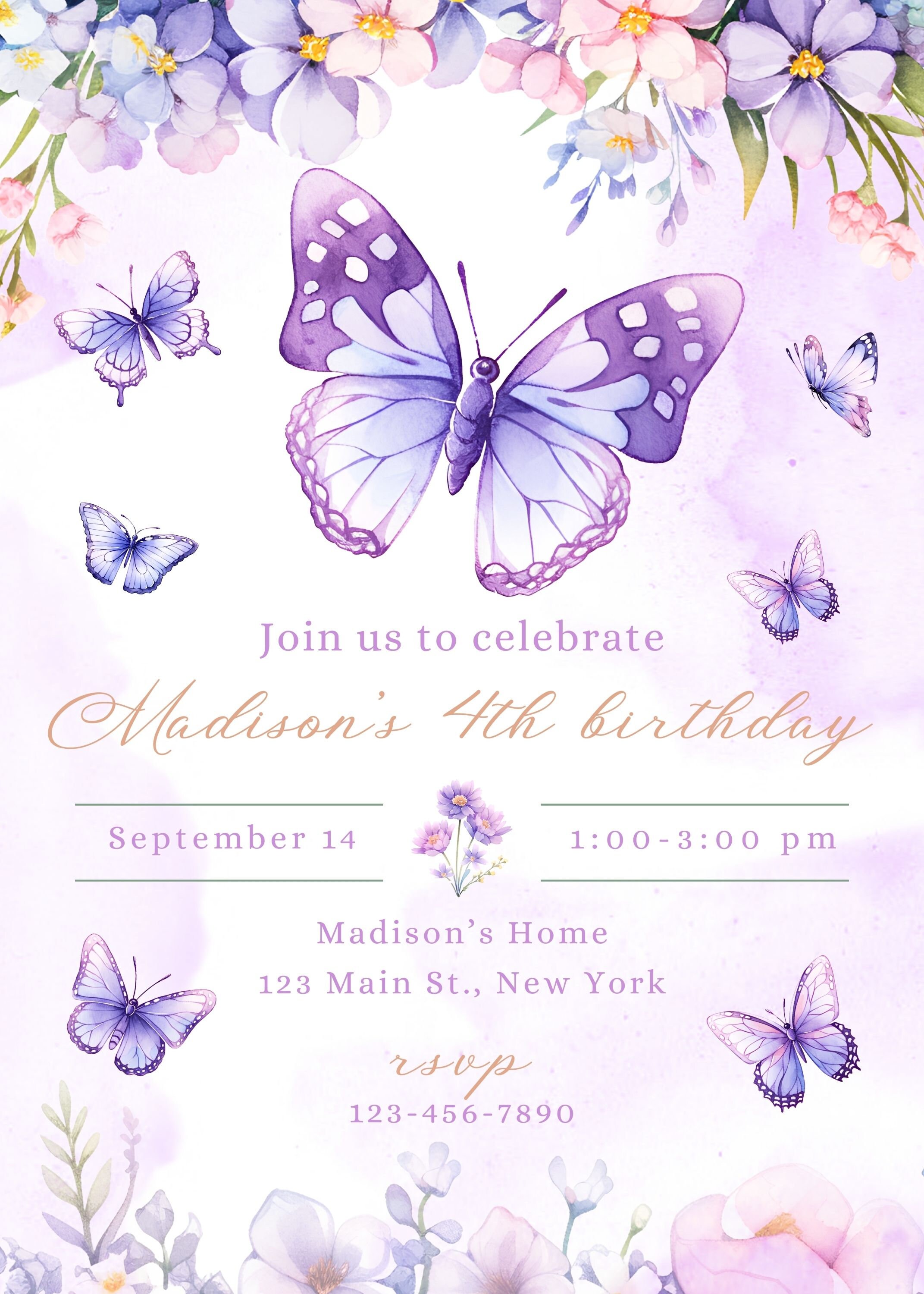 Editable Butterfly Birthday Invitation-purple Butterfly Party Invite ...