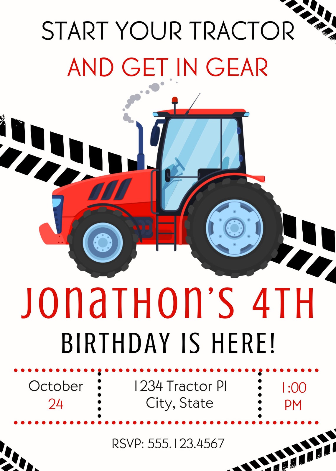 Tractor Birthday Invitation-tractor Invite-tractor Invitation-red ...