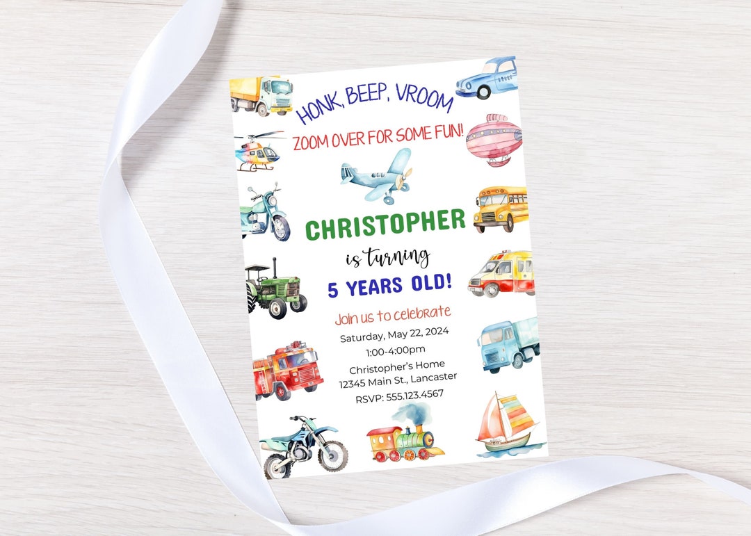 Editable Transportation Birthday Invitation-vehicle Birthday Invite ...