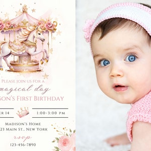 Editable Carousel Birthday Invitation Template-horse Carousel Photo ...