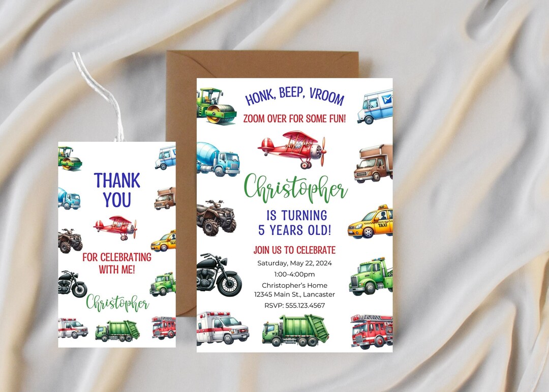 Editable Car Birthday Invitation-transportation Thank You Tag-vehicle ...