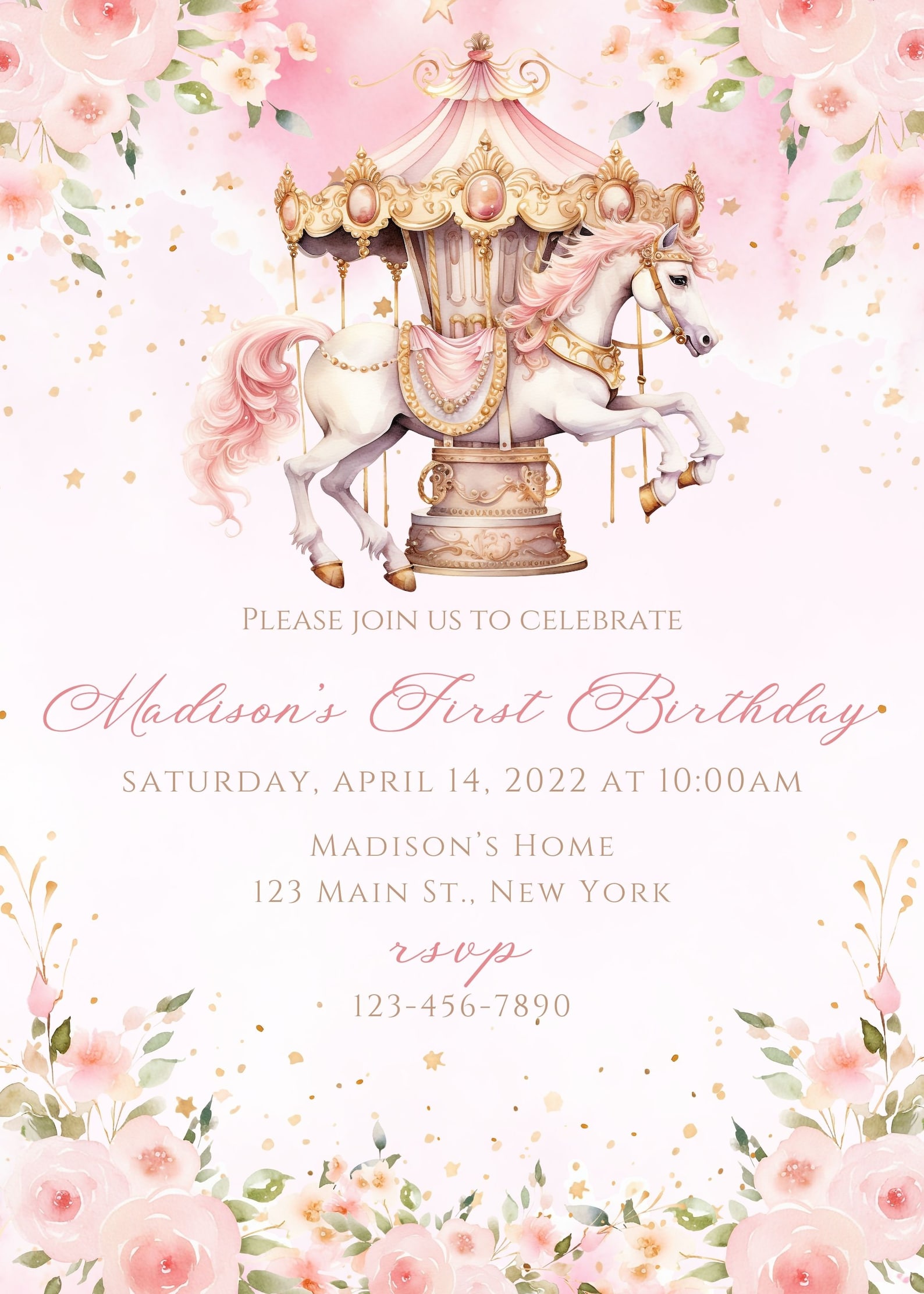 Editable Carousel Birthday Invitation-pink Carousel Invite First ...