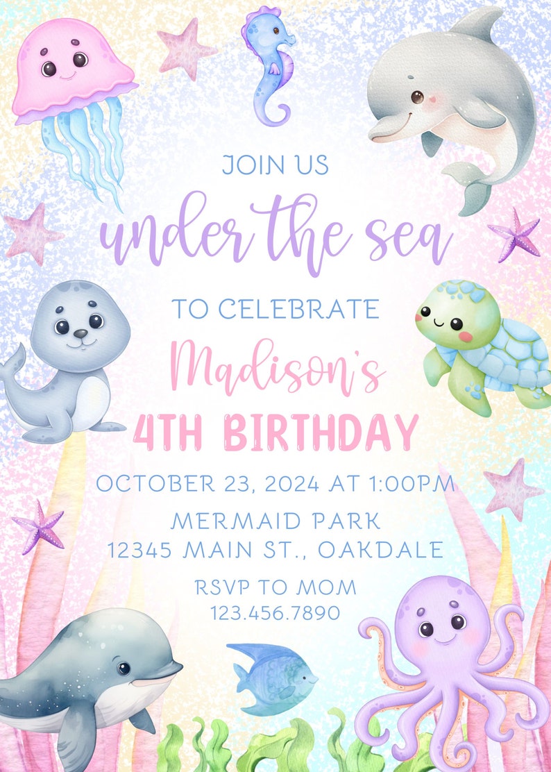 Editable Under the Sea Birthday Invitation Template-mermaid Invitation ...