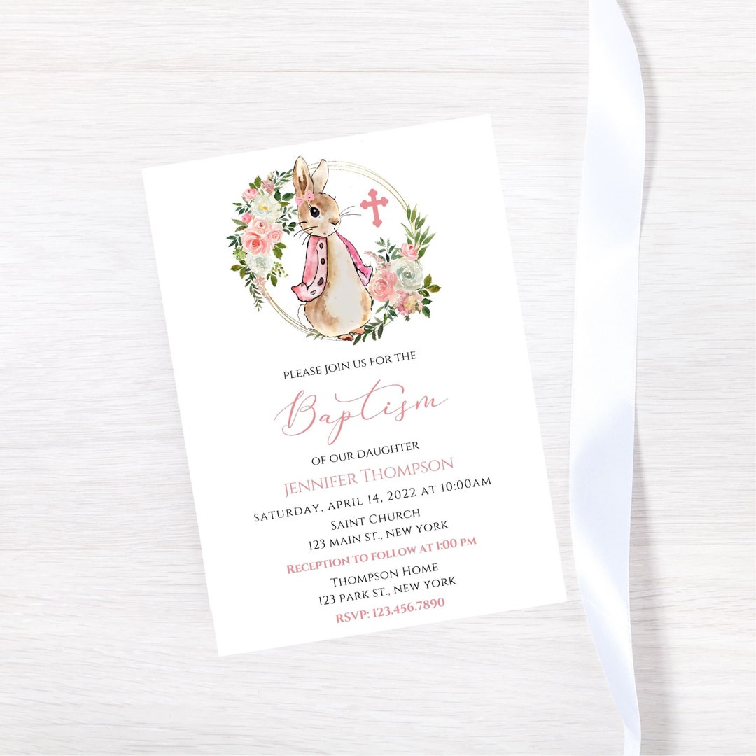 Peter Rabbit Baptism Invitation-pink Rabbit Christening Invite-instant ...