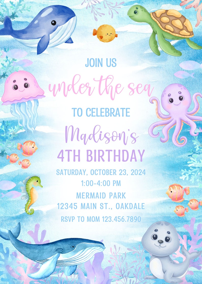 Editable Under the Sea Birthday Invitation Template-mermaid Invitation ...