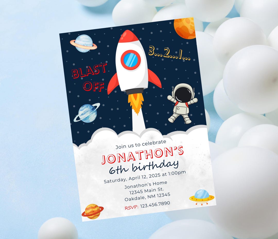 Rocket Birthday Invitation Template, Planets Rocket Ship Astronaut ...