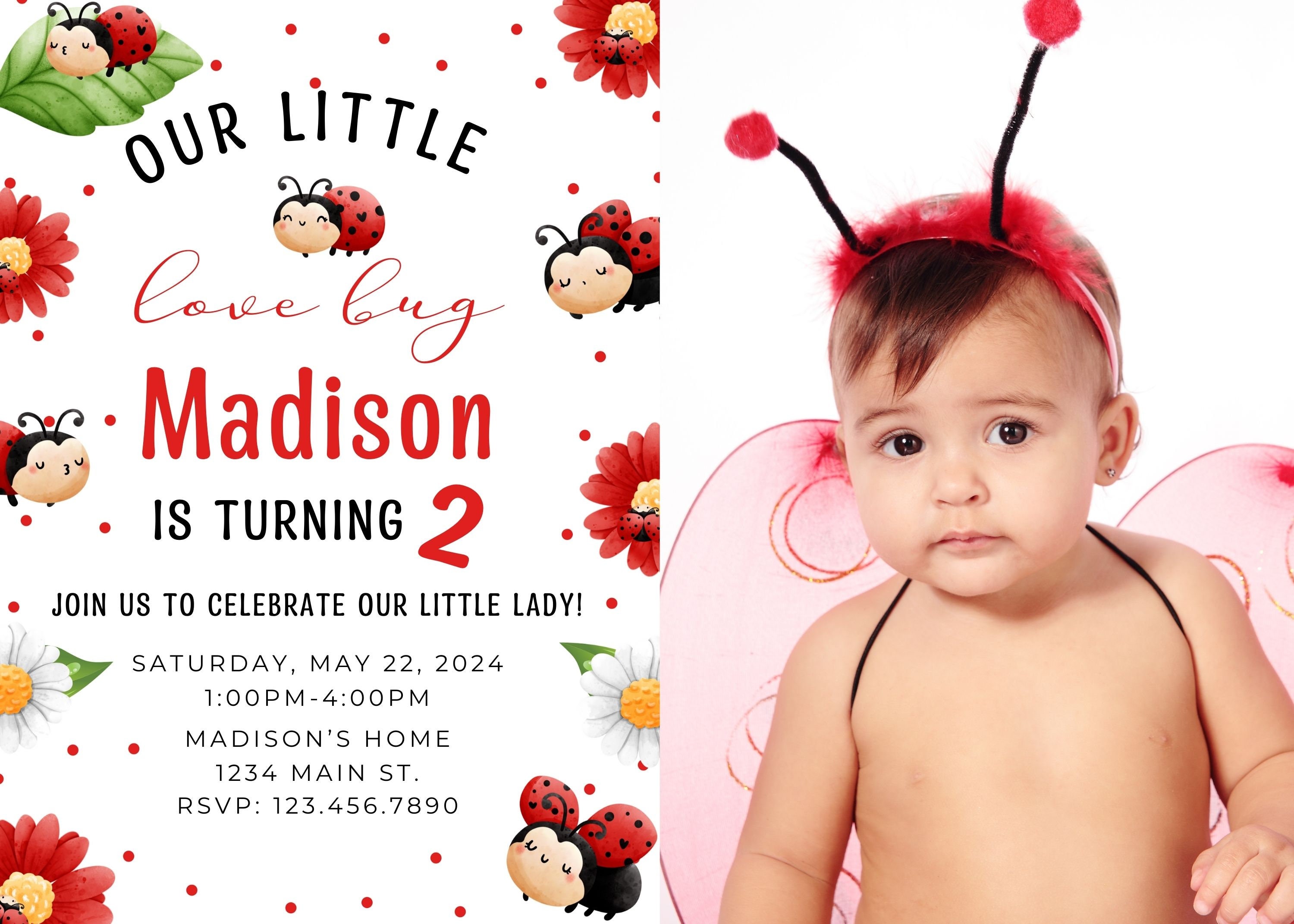 Editable Ladybug Birthday Photo Invitation Template-our Little Ladybug ...