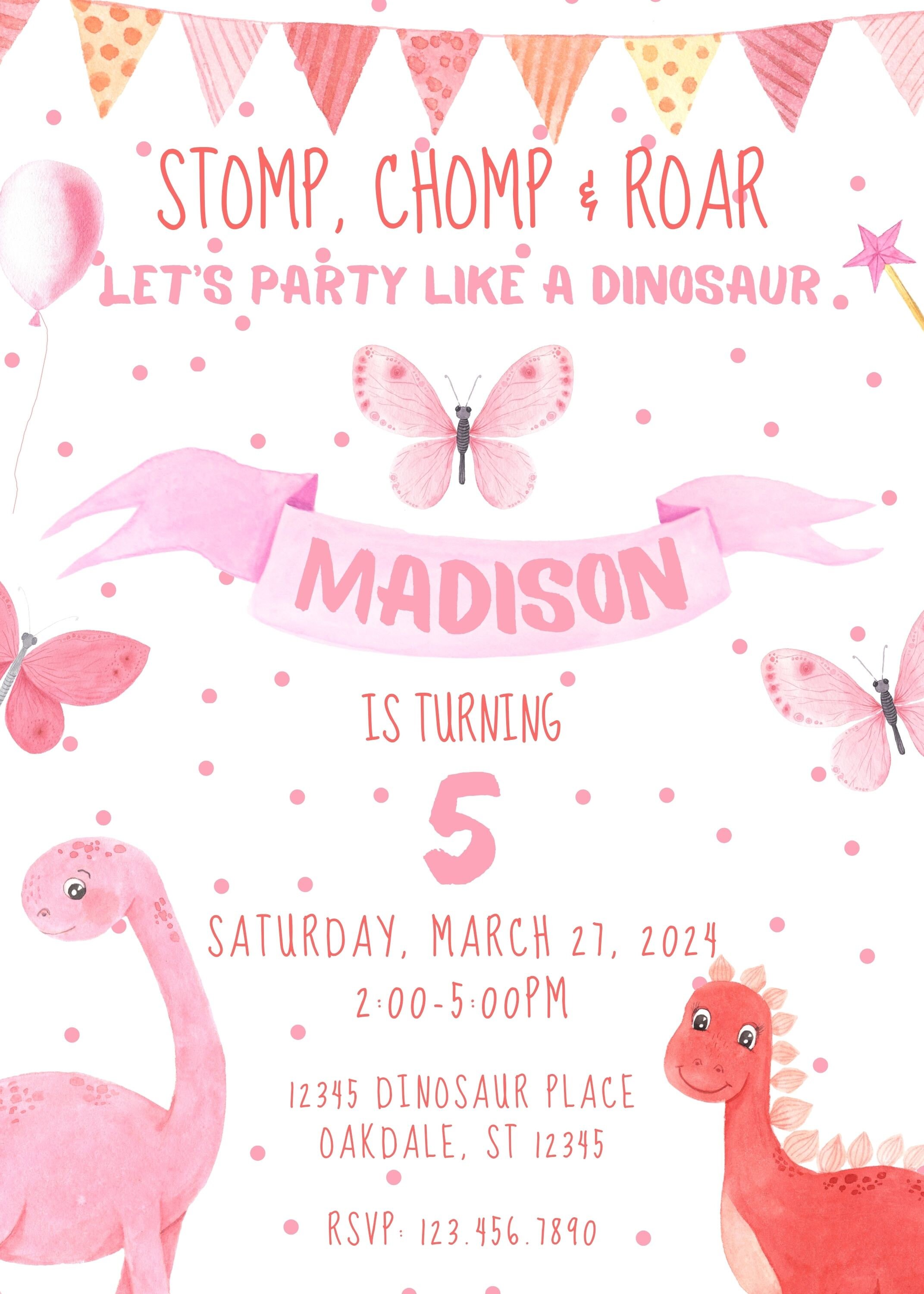 Editable Pink Dinosaur Birthday Invitation-dinosaur Party Invite ...