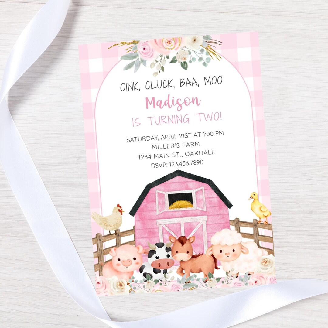 Editable Pink Farm Birthday Invitation-farm Party Invite-barn Animal ...