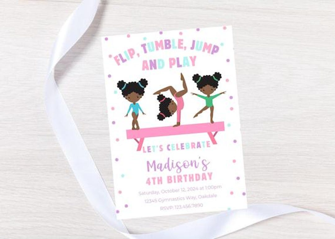 Editable Gymnastics Birthday Invitation Template | Tumble, Flip & Play ...