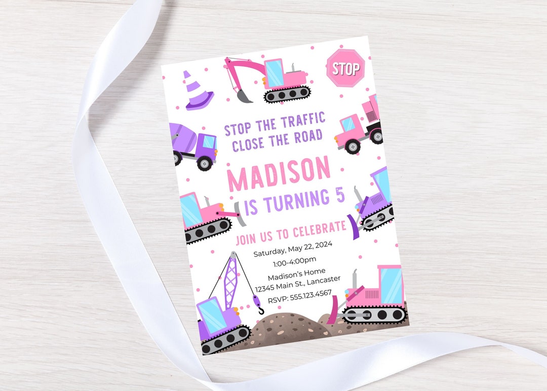 Editable Pink Construction Birthday Invitation-pink Construction Invite ...