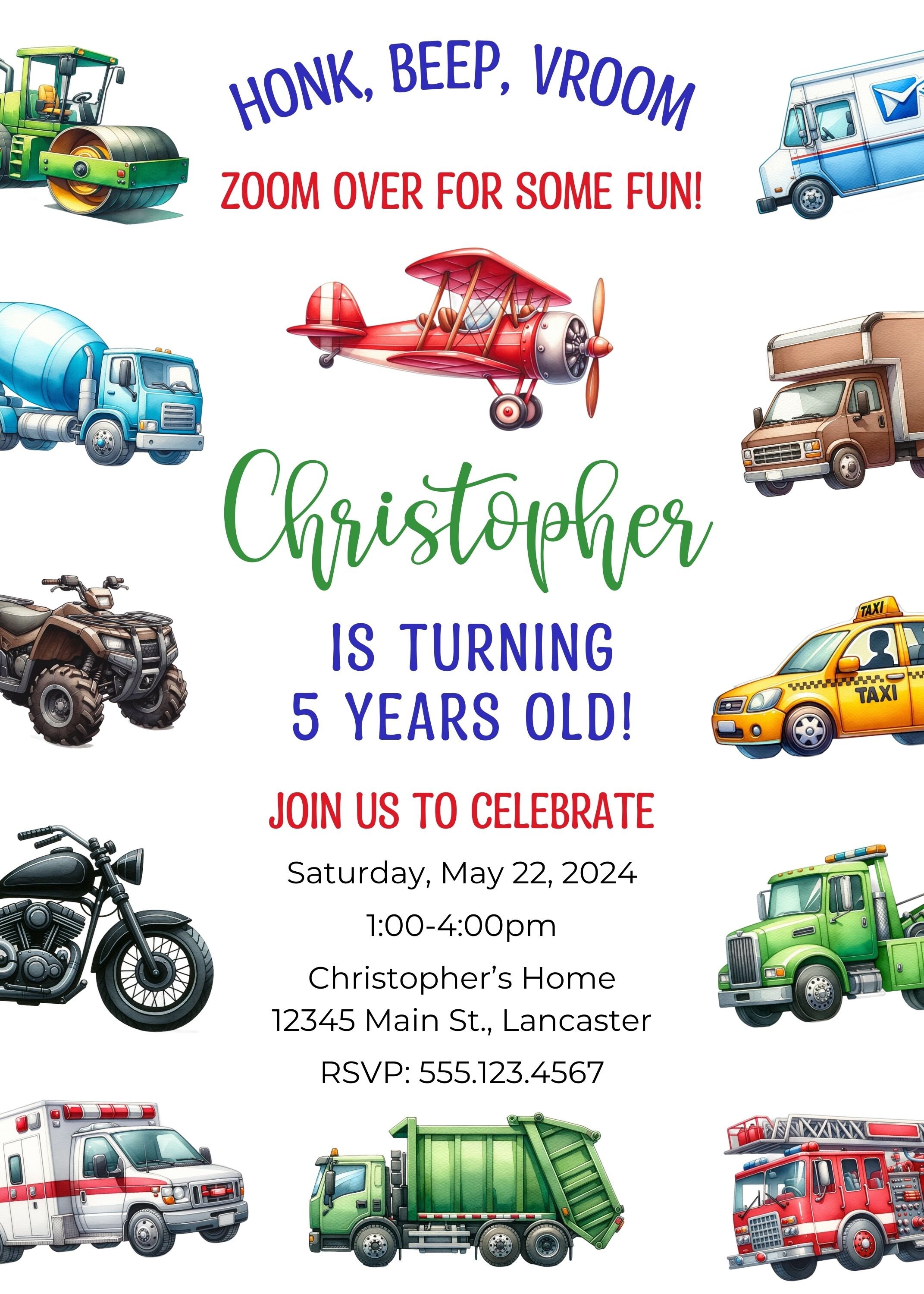 Editable Transportation Birthday Invitation-vehicle Birthday Invite ...